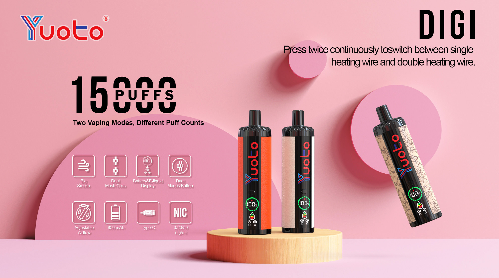 Yuoto DIGI 15000 Puffs Daul Mesh Coil Vape LED Screen Battery Fuellevel